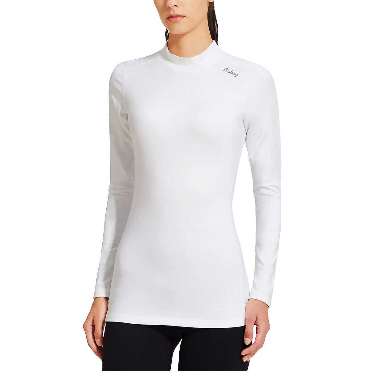 BALEAF Thermal Long Sleeve Running Shirt Women Workout Tops Gym Clothes Mock Neck Fleece Hiking Skiing Base Layer for Winter Cold Weather White S