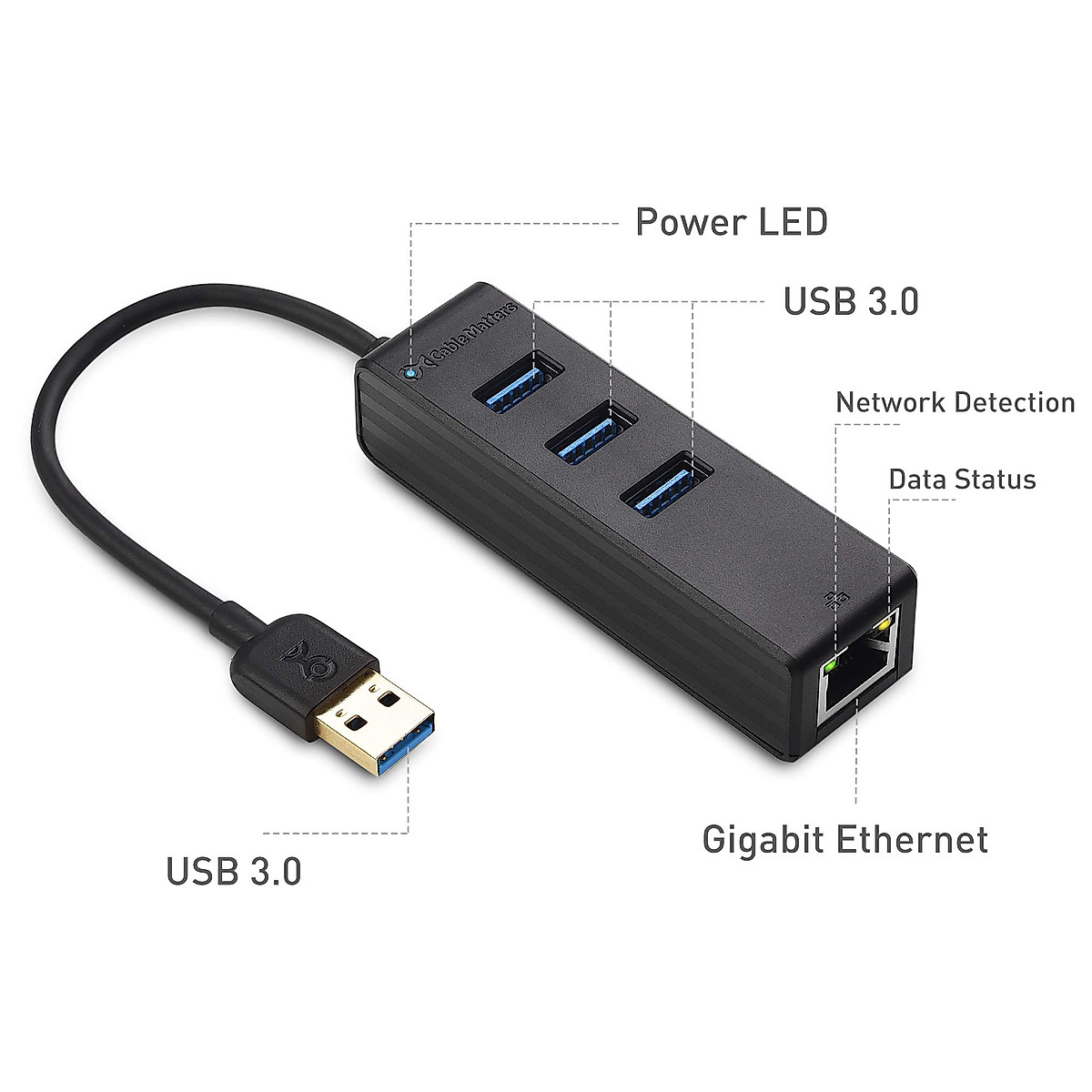Cable Matters 4-in-1 USB Hub with Ethernet, Support Gigabit Ethernet (USB 3.0 Hub Ethernet, USB to Ethernet Adapter, Gigabit Ethernet USB Hub, USB Ethernet Hub) with 10/100/1000Mbps Network in Black