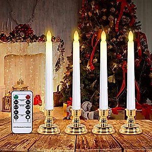 JOSU LED Window Candles, Christmas Flameless Window Candle Lights with Timer Battery Operated, 4 3D Wick Light Window Candle+4 Removable Gold Candle Holders+Remote, for Decor &Festival Celebration