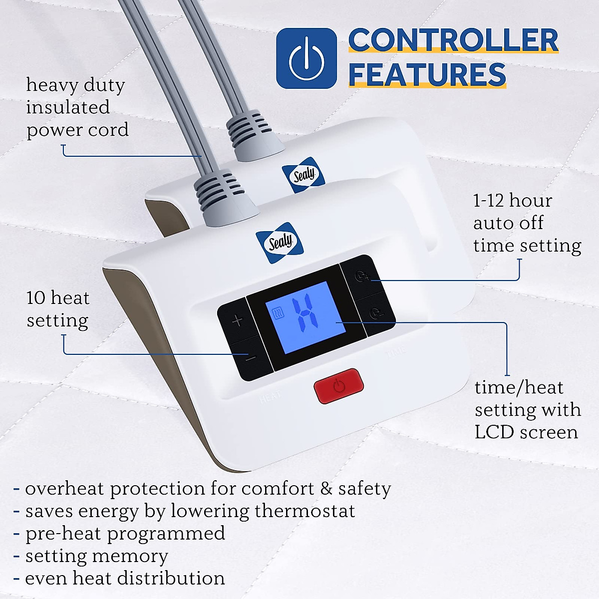 Sealy Heated Mattress Pad Queen Size 60x80 Inch | Luxury Quilted Waterproof Electric Mattress Cover with 10 Heat Setting Dual Controller & 1-12 Hours Auto Shut Off | Fit Up to 17" Deep Pocket