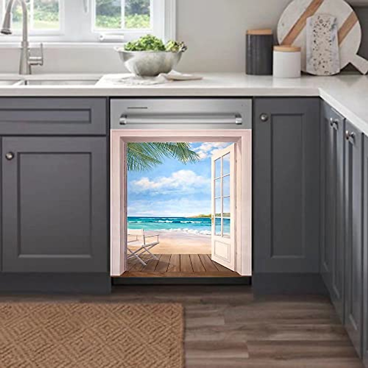 Greture Seaside View Kitchen Dishwasher Front Cover Magnetic Sticker, Refrigerator Panel Decal, Kitchen Utensils Sticker Decoration 23W x 26H Inch