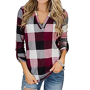 Andongnywell Women Lace Long Sleeve Casual Plaid V-Neck Loose Irregular Hem Shirt Top Costume Blouse Tunics Shirts (Wine Red,1,Small)