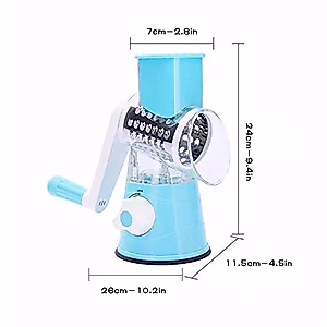 Rotary Cheese Grater with Handle for Fruit,Vegetables,Nuts, 3 In 1 Multifunctional Kitchen Square Drum Vegetable Cutter & Round Mandoline Slicer Nuts Grinder With 3 Interchangeable Blades (Blue)