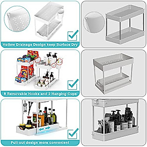 Teencci 2 Pack Under Sliding Sink Organizers & Storage,2 Tier Sliding Organizer Under Sink,Multipurpose Under Kitchen Sink Organizers & Storage w/ 8 Hooks & 2 Hanging Cups,White 2 pack (ST86W)