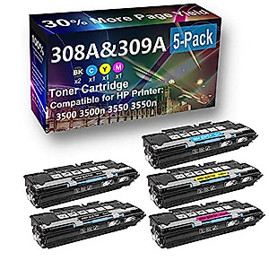 5-Pack (2BK+C+Y+M) Compatible 3550 Printer Toner Cartridge High Capacity Replacement for HP (Q2670A Q2671A Q2672A Q2673A) 308A Toner Cartridge