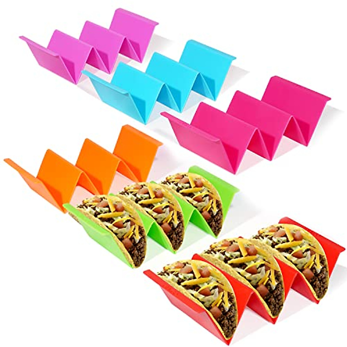 GINKGO Colorful Taco Holders set of 6, Large Taco Stand with Handle Each Can Hold 2 or 3 Tacos, BPA Free, Dishwasher and Microwave Safe