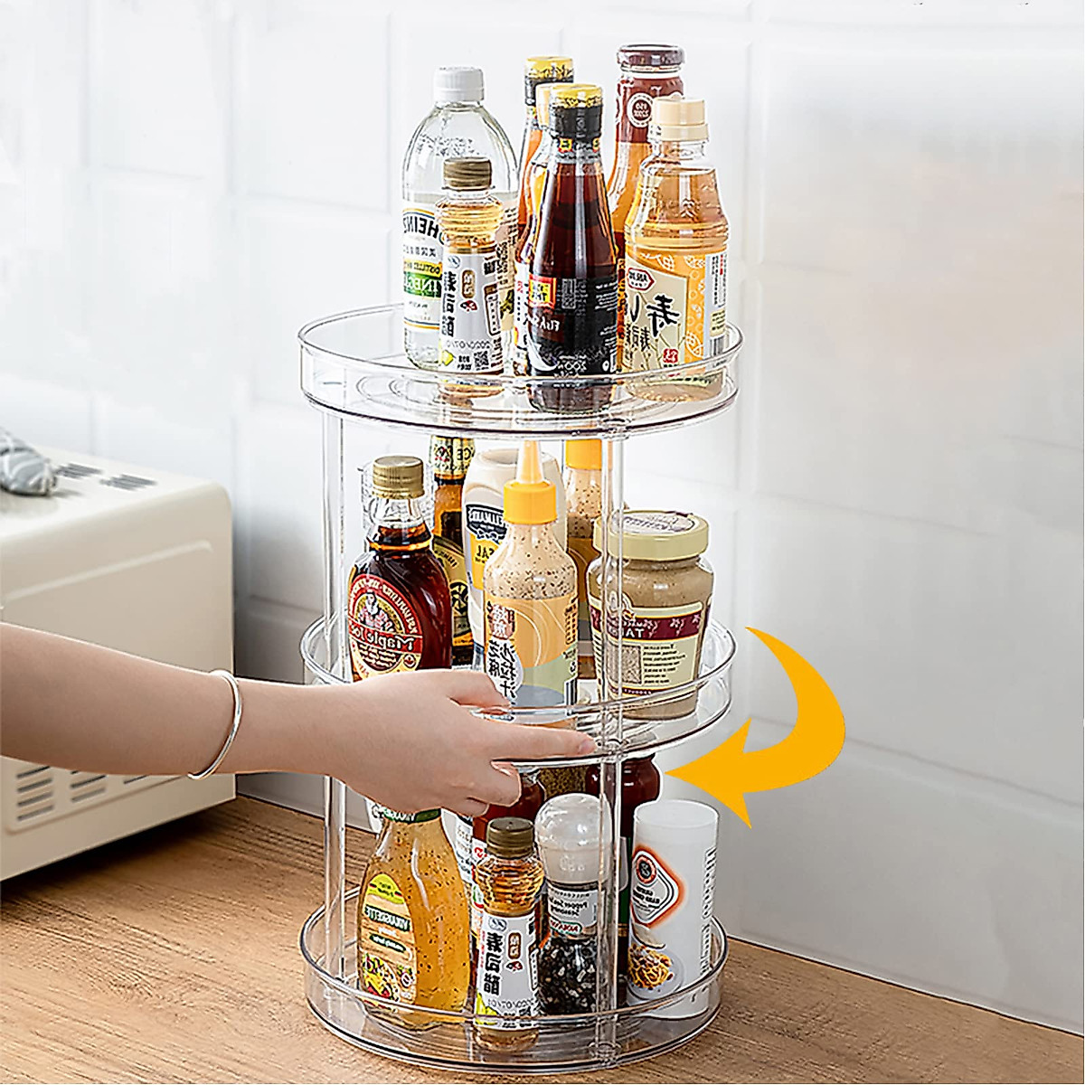 URALFA 3 Tier Bathroom Lazy Susan Organizer, 9 Inch Clear Rotating Makeup Organizer for Vanity, High-Capacity Acrylic Skincare Organizers 360 Rotating Tray for Countertop, Pantry, Kitchen, Cupboard