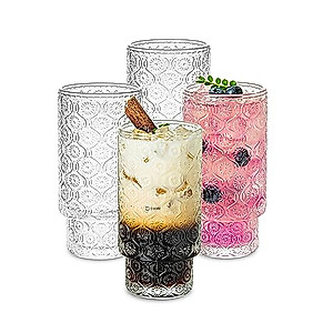 Glass Cups Vintage Glassware | Set of 4 Large, Embossed Stackable Pattern Style Transparent Cocktail Glasses Set, Ice Coffee Cup Juice Drinkware, Clear, 310ml (L)