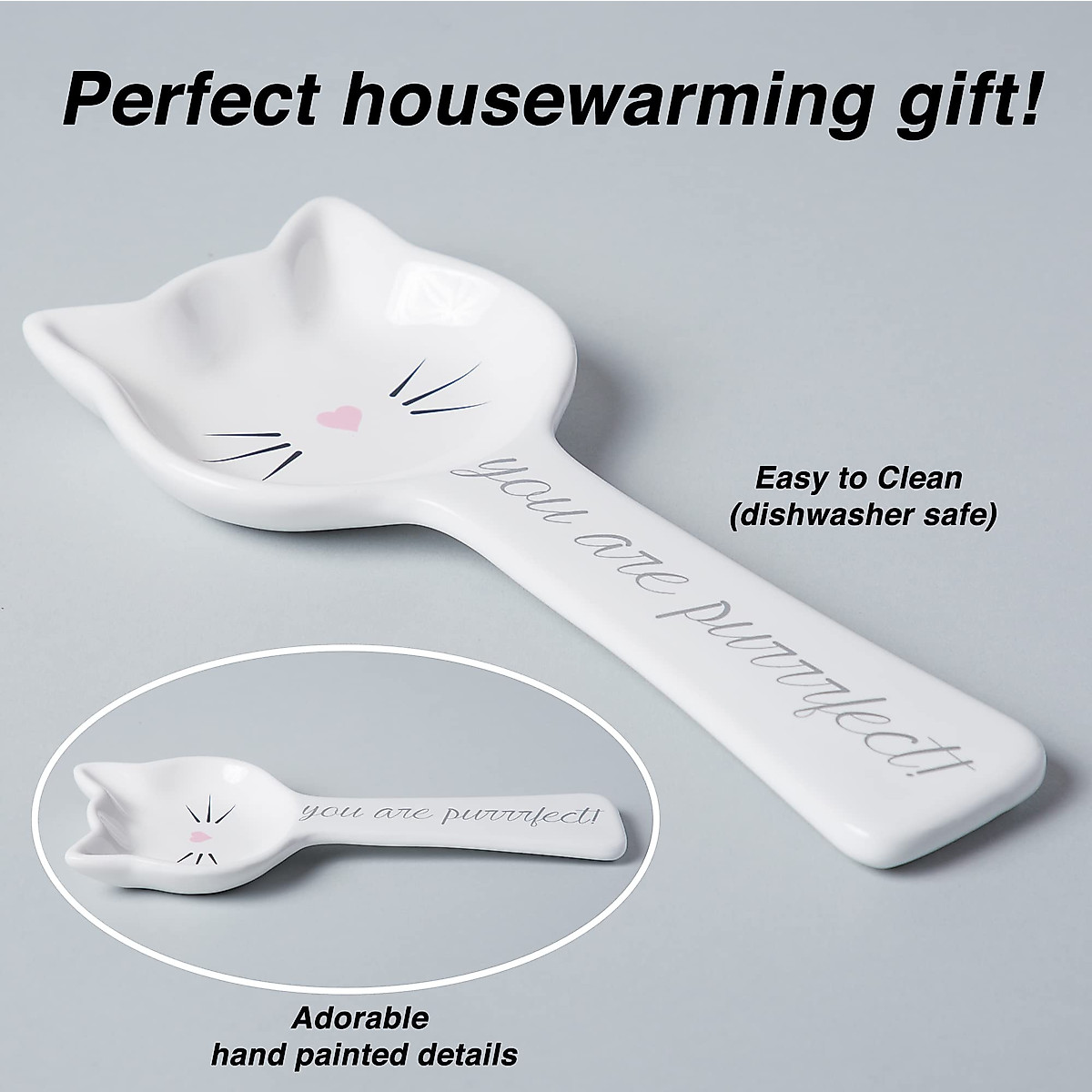 White Ceramic Cat Spoon Rest: Kitten Spoon Rest for Stove or Countertop - Cute Kitchen Accessory