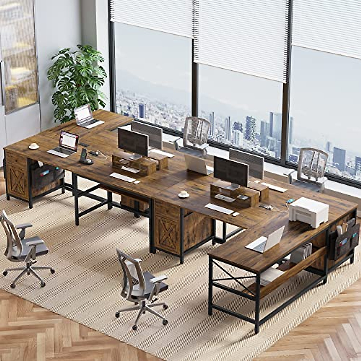SEDETA 63" L Shaped Desk, Convertible Long Home Office Desk or Corner Desk, Office Computer Desk with Drawer, Power Strip, Storage Cabinet & Monitor Stand for Home Office, Rustic Brown