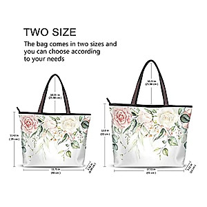 Bolaz Tote Bag with Zipper Women Pink & White Rose Flower Floral Handbags Pockets Shoulder Bag Work Large Office