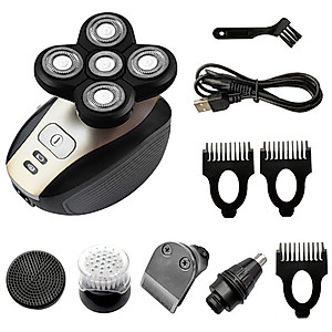 Men's 5-in-1 Electric Rotary Shaver, 5D Wet Dry Bald Head Grooming Kit/Five-Headed Beard Hair Razor, Cordless and Rechargeable with Beard/Nose Hair Trimmer, Hair Clipper, Facial Cleansing Brush