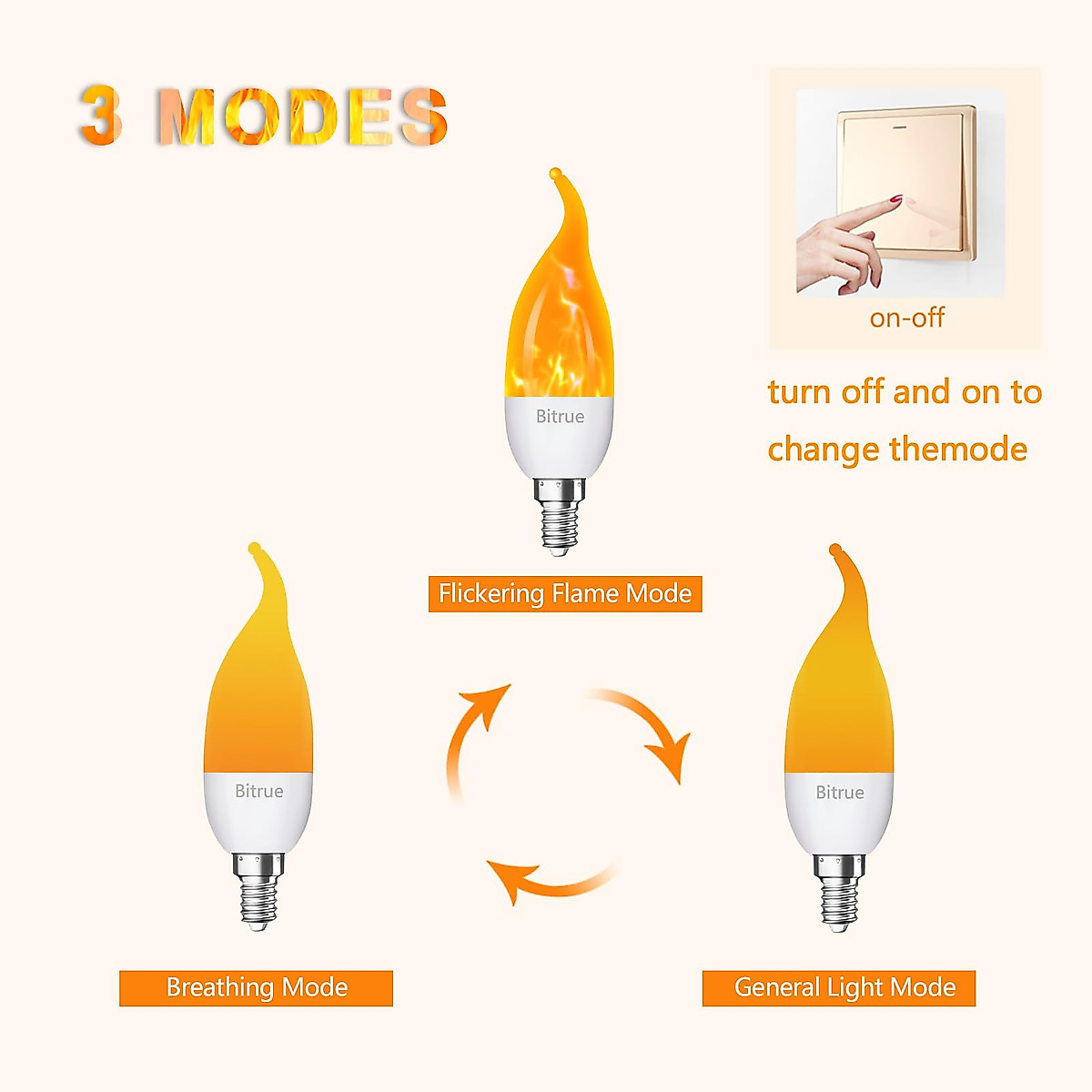 Bitrue LED Flame Light Bulbs, 3 Modes Flame Effect Light Bulbs, E12 Chandelier Base Candle Fire Light Bulb, Flickering Light Bulbs for/Home/Party Decor (E12-6 Pack)