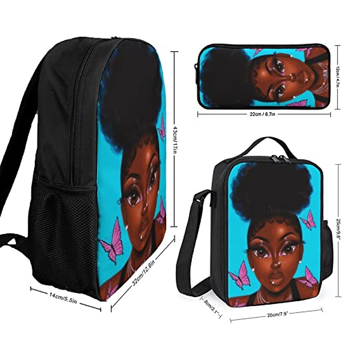 African American Girl Backpack Bookbag With Shoulder Bag Pencil Bag Set Bookbags 3pcs Set One Size