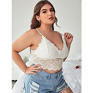 SOLY HUX Women's Plus Size Sexy Floral Lace Scalloped Trim Wireless Bra Adjustable Strap V Neck Everyday Bralette Plain White 2XL