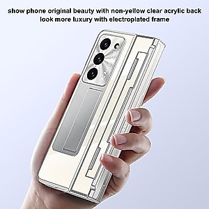 Libeagle Compatible with Samsung Galaxy Z Fold 5 Case with Innovative Hinge Protection, Detachable S Pen Holder & Capacitance Pen, Non-Yellow Clear Back, Screen Protector, Stand Cover 5G 2023, Silver