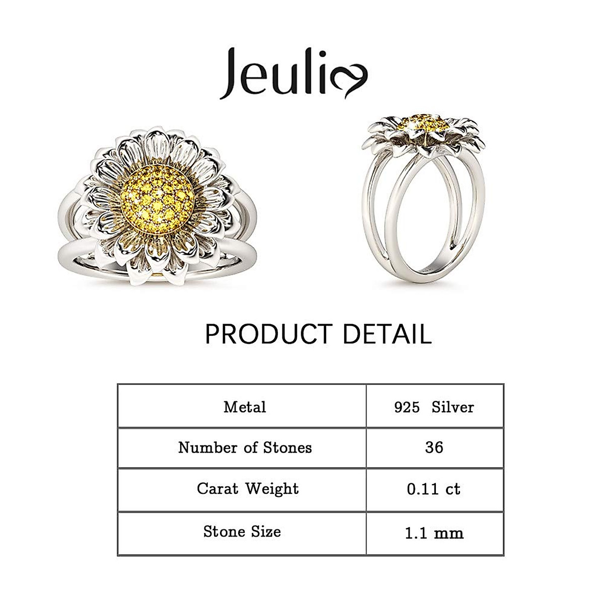 Jeulia s925 Sterling Silver Sunflower Rings Intertwined Ring Daisy Hawaiian Flower Rings for Women Halo Engagement Ring Set Bridal Anniversary with Jewelry Gift Box (Sunflower, 5.5)
