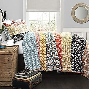 Lush Decor Bohemian Striped Quilt Reversible 3 Piece Colorful Boho Design Bedding Set, King, Turquoise