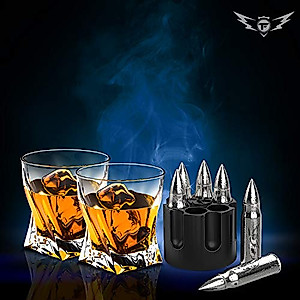 Whiskey Glasses and Whiskey Bullets - Premium Whiskey Glass Set, 2 Glasses for Scotch or Bourbon in Gift Box | Stainless Steel Whisky Stones Shaped Like Bullets | Bar Set for Man Cave (Twist Glasses)