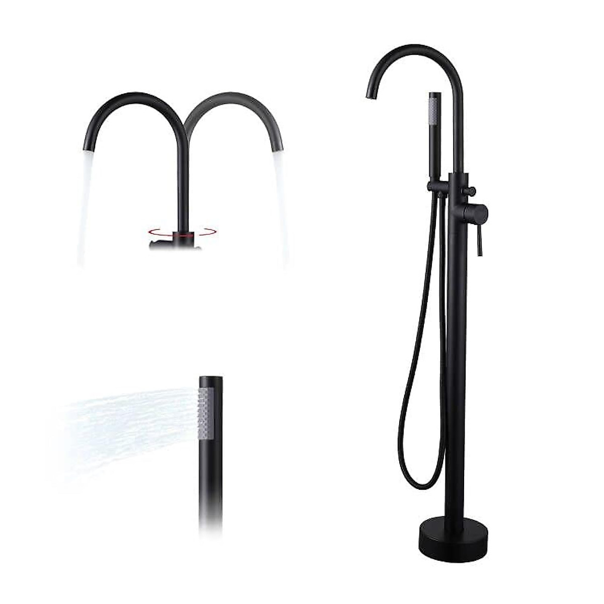 Free Standing Tub Faucet Matte Black Freestanding Bathtub Faucet with Sprayer High Flow Floor Mount Tub Filler with Hand Shower Bathroom Standing Floor Faucet Brass, Single Handle - JIAENLEMA