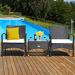 Tangkula 3 PCS Patio Wicker Rattan Furniture Set, Rattan Chair with Coffee Table, High Load Bearing Chair Conversation Sets for Patio Garden Lawn Backyard Pool (Black)