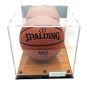 Full Size Basketball Square Shape Soccer Ball Acrylic Display Case Wood Box UV Protection 10x10x9 (Wood Platform)
