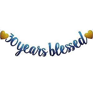 30 Years Blessed Banner, Pre-Strung, Blue Glitter Paper Garlands for 30th Birthday/Wedding Anniversary Party Decorations Supplies, No Assembly Required,(Blue) SUNbetterland