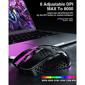 SOLAKAKA SM600 Honeycomb Shell Gaming Mouse Wireless,8000 DPI Tri-Modes BT5.1/2.4G Wireless/Type-C Wired Gamer Mouse with 2 Side Buttons, Macro Programmable and RGB Light for PC/Mac/Laptop,Black