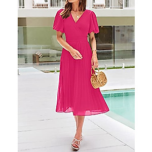 MEROKEETY Summer Dress for Women 2023 Wrap V Neck Bubble Sleeve Pleated Party Midi Dresses,HotPink,S