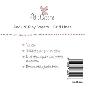 Petit Dreams Pack N Play Mini-Crib Sheet Jersey Knit Cotton for Baby Girl Flexible Fit for Standard Mini-Crib Mattresses, Dotted Stripes & Grid Lines, Pink, (Pack of 2)