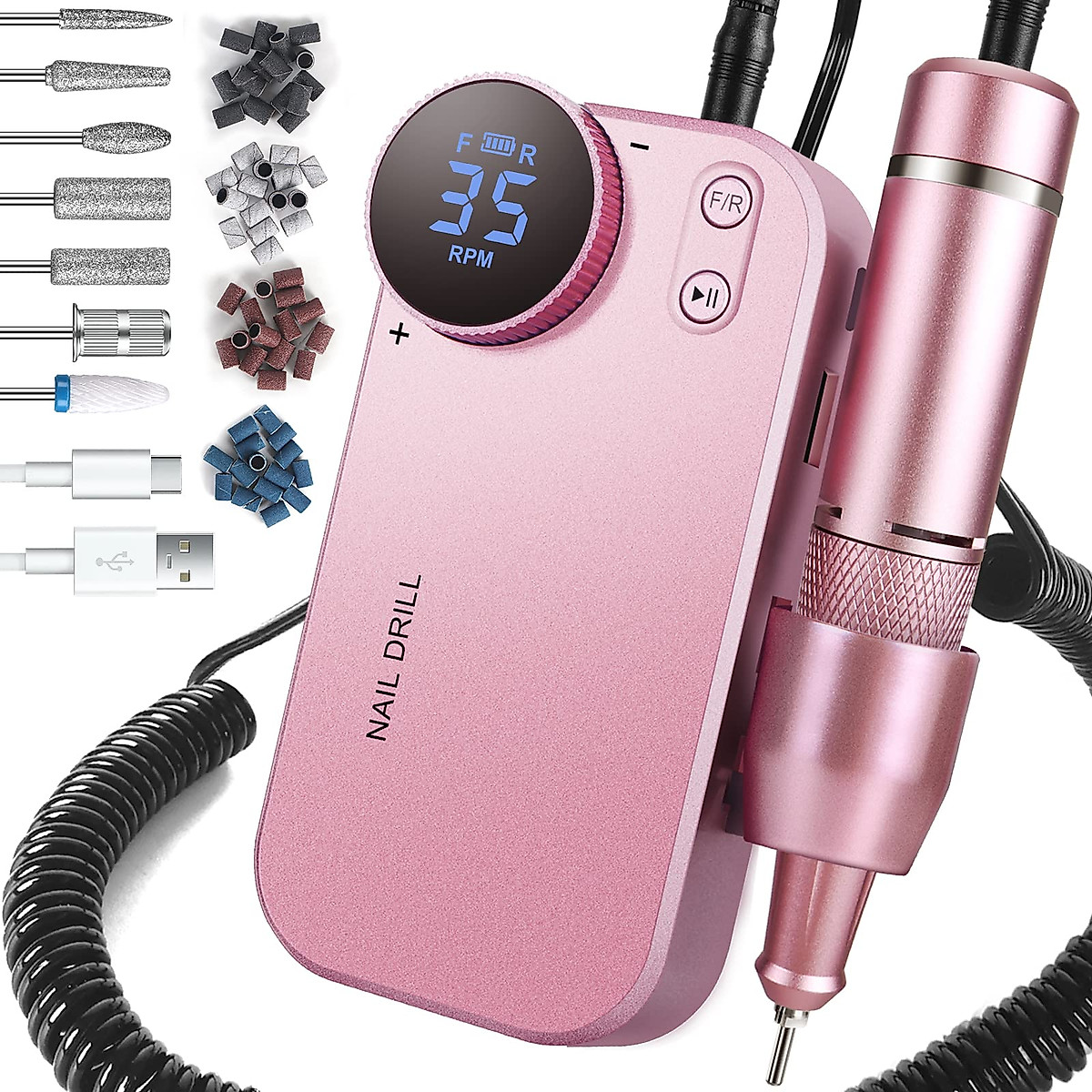 Portable Nail Drill Kit,35000RPM Electric Nail Drill Machine E File with Bits and Sanding Bands for Acrylic Gel Nails Polishing,Professional 4500mAh Rechargeable Nail Drill for Manicure Salon Home