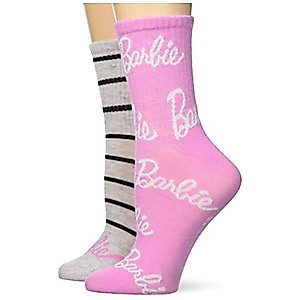 Barbie Women's 2 Pack Mid Crew Socks, Pink Grey Multi, 9-11