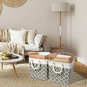 Cozyaver Storage Baskets for Shelves, 13'' x 13'' x 13'' Cube Organizing Closet Nursery Toy Decorative Linen Fabric Organizers with Cotton Handles, 3 Pack Grey Clover