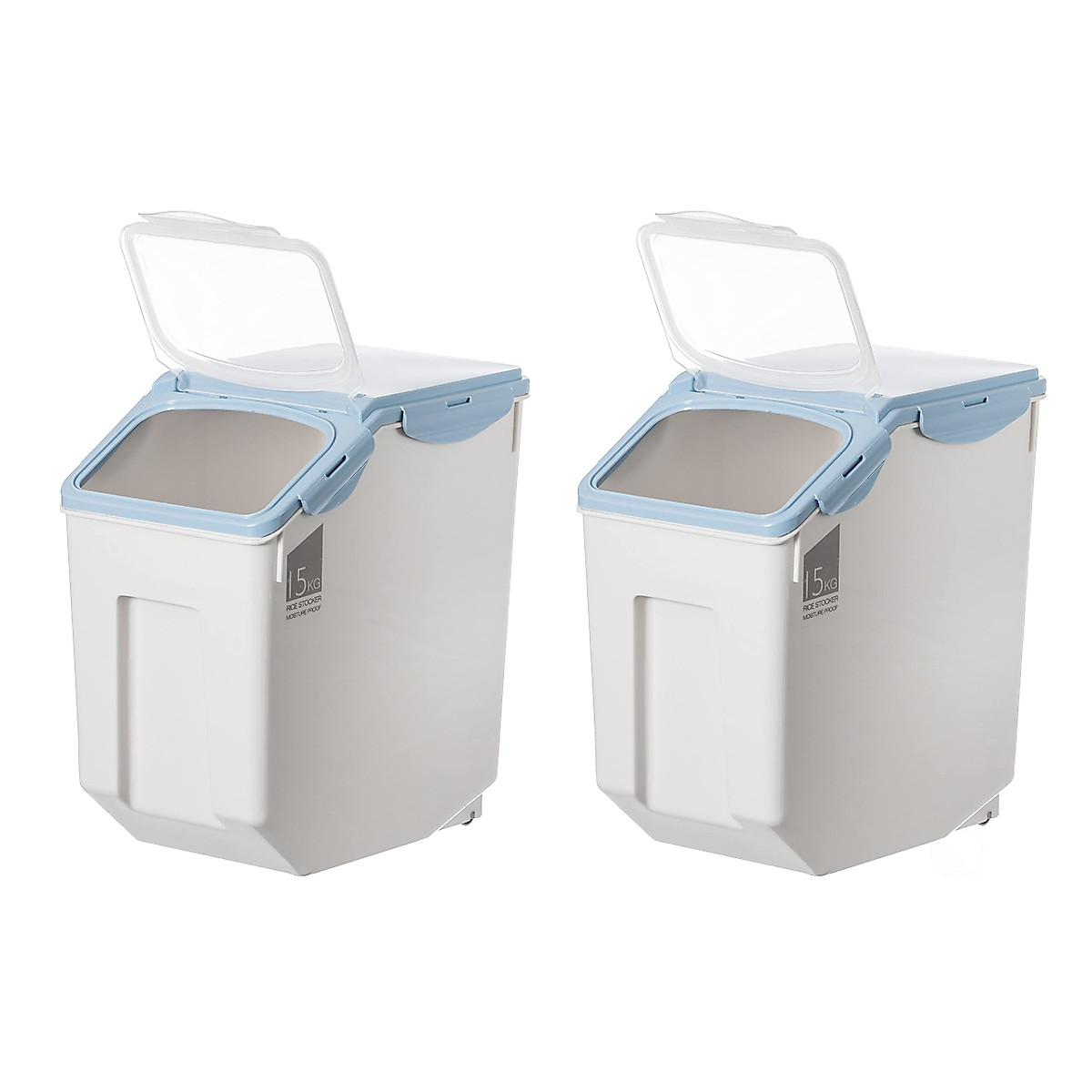 Basicwise Set of 2 White Plastic Storage Food Holder Containers, with a Measuring Cup and Wheels,Large (QI004138L.2)