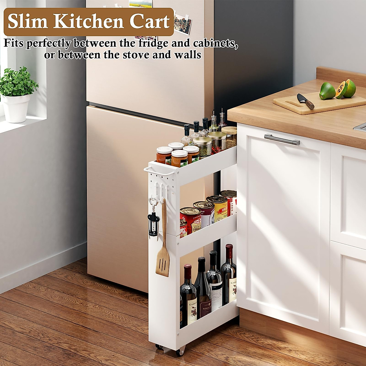 OKZEST Rolling Slim Storage Cart, 3-Tier Narrow Utility Kitchen Cart on Wheels, Metal Narrow Storage Cabinet Organizer Cart for Small Spaces in Laundry Room, Kitchen, Bathroom - 5-Inch Width