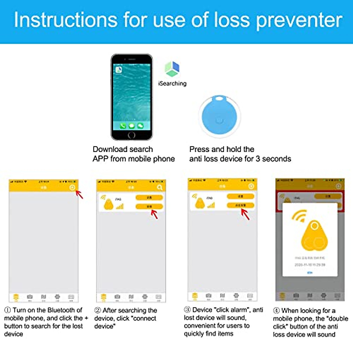 Dog Tracker, Cat Tracker, Mini Dog Tracking Device Locator Round Portable Bluetooth Intelligent Anti-Lost Device for Luggages/Kid/Pet Bluetooth Alarms