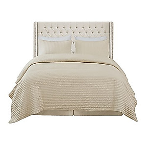 Madison Park Amelia Upholstered Headboard | Nail Head Trim Wingback Button Tufted | Queen, Cream