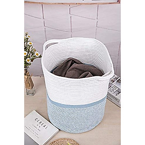 M Size Blue White Laundry Basket with Handles Toy Basket Clothes Hamper Home Decor Basket Towel Storage Woven Blanket Basket Cotton Rope Decorative Blanket Basket,Environmental Protection Material