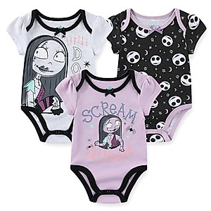 Disney Nightmare Before Christmas Sally and Jack Girls’ 3 Pack Bodysuit for Newborn and Infant – Purple/Grey/Black