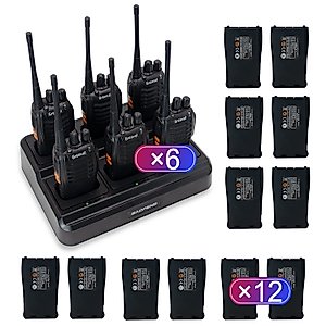 Greaval GV-8S Long Range Walkie Talkies with Six-Way Multi-Unit Charger for Adults, 6 Pack Rechargeable Walkie Talkies with 12 Li-ion Batteries, Two-Way Radio with Earpieces and Mic
