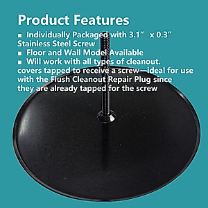 7" Black Decorative Cleanout Access Covers Plate, Flat Design Cover and Seals CO2530-SS7 For Back Deck Drains and Plug Hole with Large Center Securing Screw, Stainless Steel, Round