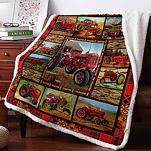 Tractor Blankets Red Farming Tractor On Prairie Blanket Plush Blanket Boys Fuzzy Blankets for Women Fall Throw Blanket Camping Blanket Small/Medium/Large/X-Large