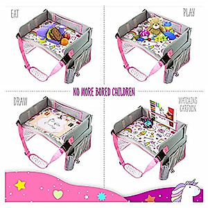 Thr33E Car Seat Kids Travel Tray - Travel Lap Desk Active Accessory for Child’s - Kids Tablet iPad Holder Stand Art Storage Pockets (Pink)