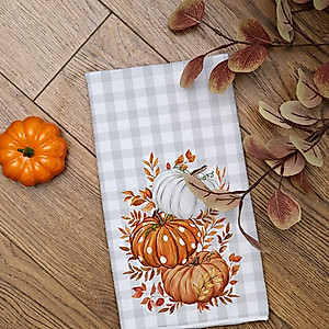 ARKENY Fall Kitchen Towels Set of 2,Orange Pumpkin Grey Buffalo Check Autumn Dish Towels 18x26 Inch Drying Dishcloth,Farmhouse Home Decoration AD118