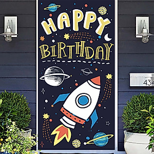 Outer Space Banner Blast Off Rocket Spaceship Galaxy Planet Astronaut Theme Decor for Decorations Boy Girl 1st Birthday Party Baby Shower Galaxy Planet Party Backdrop Outer Space Party Supplies