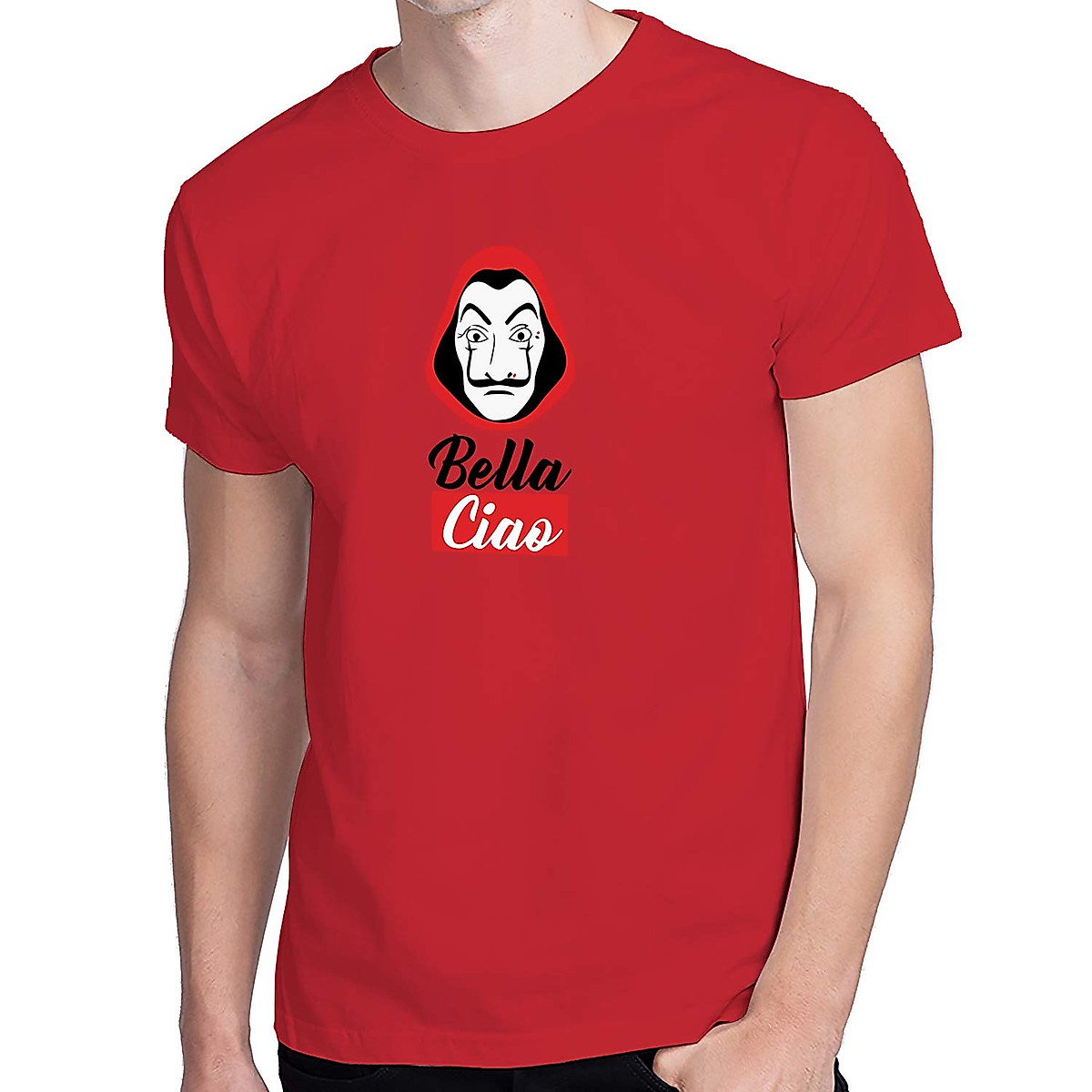 BannerBuzz, Bella Ciao Crew Neck T-Shirt Short Sleeve, Cotton Fabric, Unisex, Digitally Printed, Fabric Warranty for up to 25 Washes (X-Large, Red)