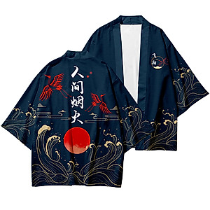 DOSLAVIDA Men's Japanese Kimono Jacket Set Stylish Open Front Coat With Shorts Chinese Style Printed Cardigan Suits