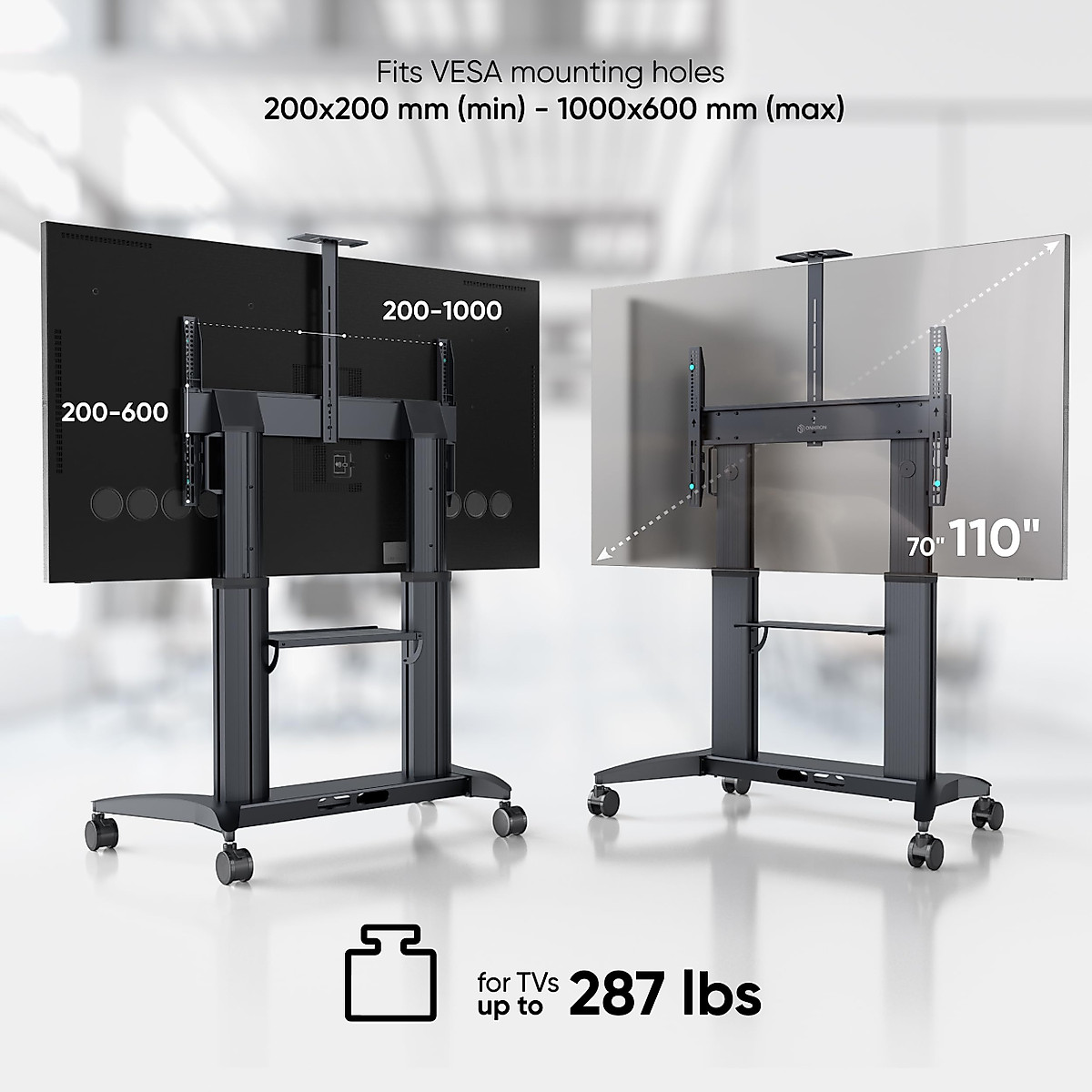 ONKRON Mobile TV Stand on Wheels for 70-110 Inch TV up to 320 lbs, Heavy Duty TV Stand Height Adjustable with Shelf & Aluminum Columns, max VESA 1000x600 Wide TV Cart Rolling TV Stand Portable Black