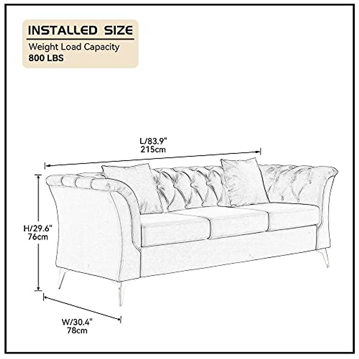 EASYTOUR Chesterfield Sofa, 3-Seater Mid Century Velvet Upholstered Couches, Modern Classic Tufted Button Settee with Roll Arm and Metal Legs for Living Room, Apartment, Office, Small Space, White