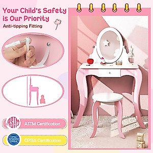 Costzon Kids Vanity Set, 2 in 1 Princess Makeup Dressing Table w/Double-Sided 360° Swivel Mirror, Hairdryer & Accessories, Toddler Vanity with Drawer & Stool, Pretend Play Vanity Set for Little Girls
